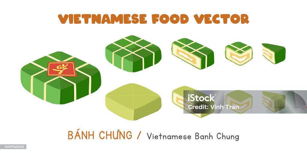 Set Utuh Setengah Seperempat Potong Irisan Ilustrasi Desain Vektor Banh Chung Vietnam Gaya