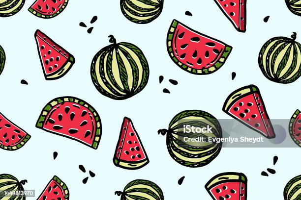 Seamless Pattern Cartoon Illustration Of Red Watermelon Slices On Blue