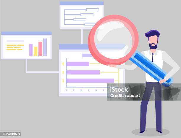 Manusia Memegang Kaca Pembesar Raksasa Dan Menganalisis Grafik
