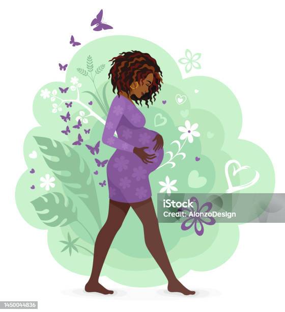 Happy Pregnant African Woman Holding Her Belly Stock Illustration