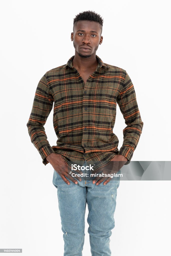 Black Man Wearing Winter Shirt Against White Background Stock Photo ... Black Man Wearing Winter Shirt Against White Background Stock Photo ...