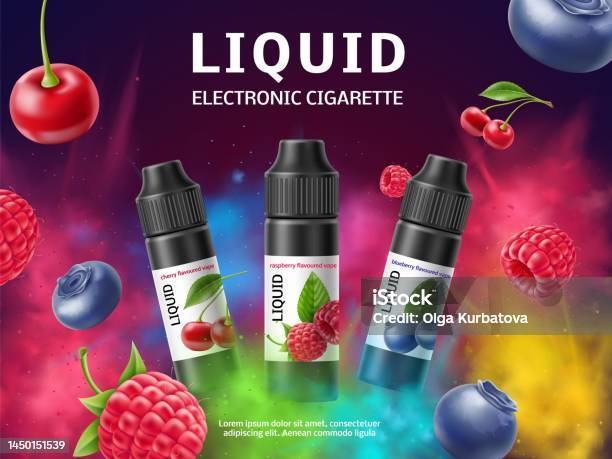Poster Cair Vape Ledakan Rasa Warnawarni Botol Realistis Dengan Cairan