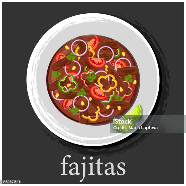 Fajitas Daging Sapi Dengan Paprika Multiwarna Di Piring Dengan Namanya