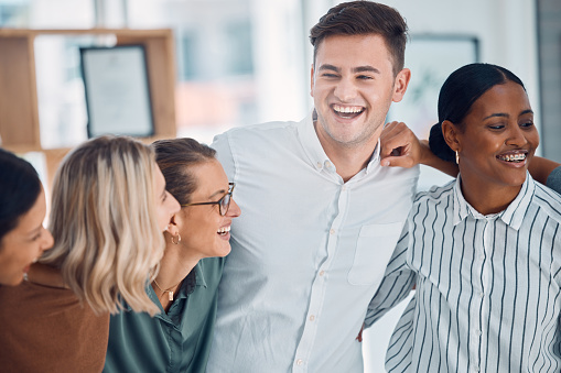 Happy Work Friends And Business People Laughing Together At A Team