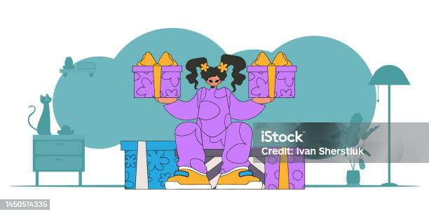 Gaya 80an Dan 90an Gadis Itu Memegang Kotak Hadiah Seorang Wanita Duduk ... Gaya 80an Dan 90an Gadis Itu Memegang Kotak Hadiah Seorang Wanita Duduk ...