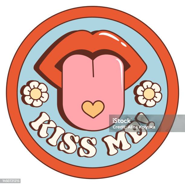 Stiker Kartun Groovy Retro Dengan Bibir Dan Lidah Di Mulut Cium Aku