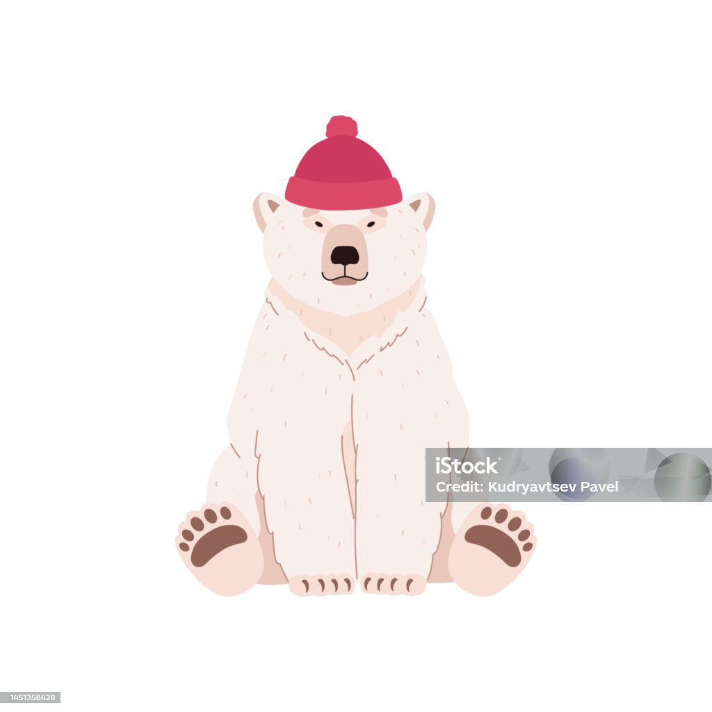 Funny Cute Polar Bear In Warm Red Hat Flat Cartoon Vector Illustration