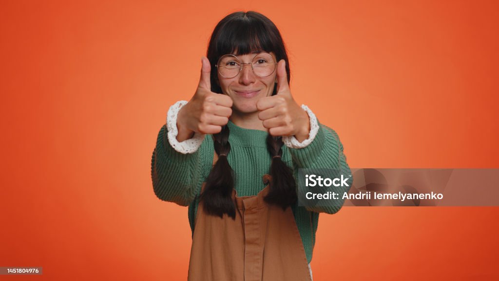 Hipster Woman Raises Thumbs Up Agrees Or Gives Positive Reply