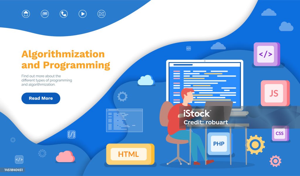 Algorithmization And Programming Landing Page Template Coding Programmer At Work With Computer