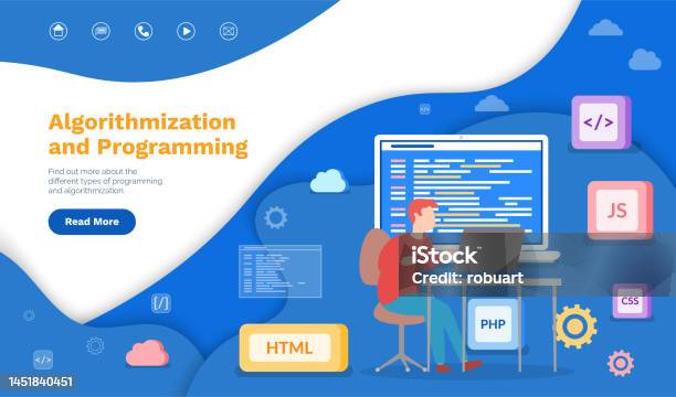 Algorithmization And Programming Landing Page Template Coding Programmer At Work With Computer