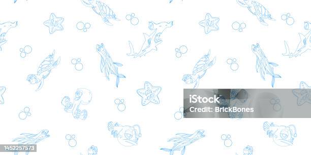 Motif De Griffonnage De Poissons Et Danimaux De Dessins Animés Sur Fond