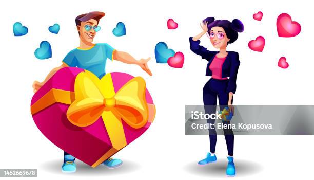 Bonne Saintvalentin Dans Le Style Dessin Animé Jeune Beau Couple De