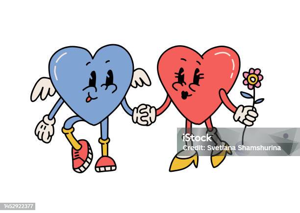 Karakter Kartun Pasangan Love Hearts Berjalan Berpegangan Tangan Maskot