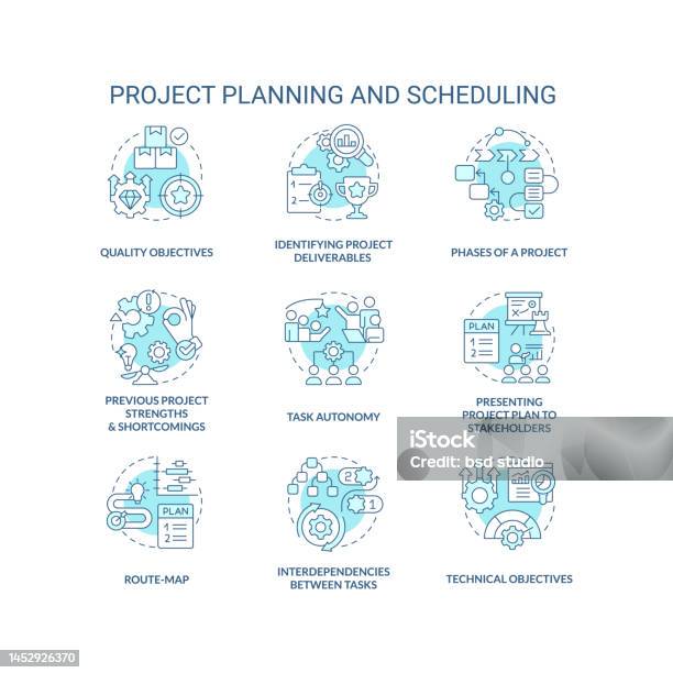 Project Planning And Scheduling Turquoise Concept Icons Set Stock