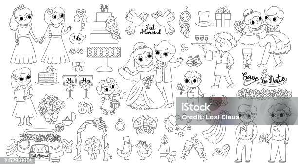 Ensemble De Grands Éléments De Mariage Vectoriels En Noir Et Blanc Joli