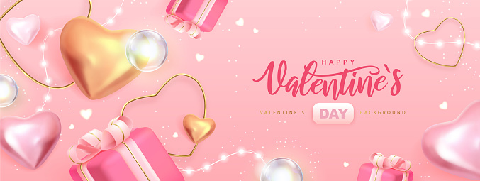 Affiche De La Saintvalentin Avec Des Cœurs Damour 3d Rose Et Or Et Un