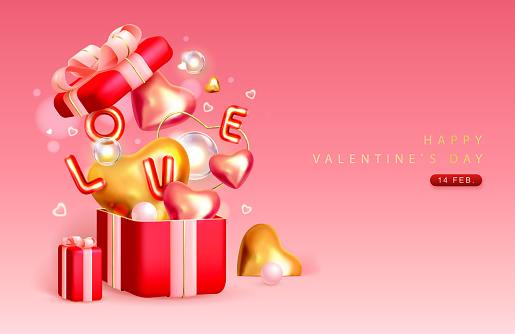 Affiche De La Saintvalentin Avec Des Cœurs Damour 3d Rose Et Or Et Un