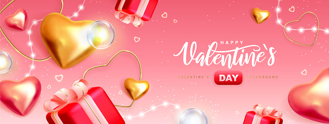 Affiche De La Saintvalentin Avec Des Cœurs Damour 3d Rose Et Or Et Un