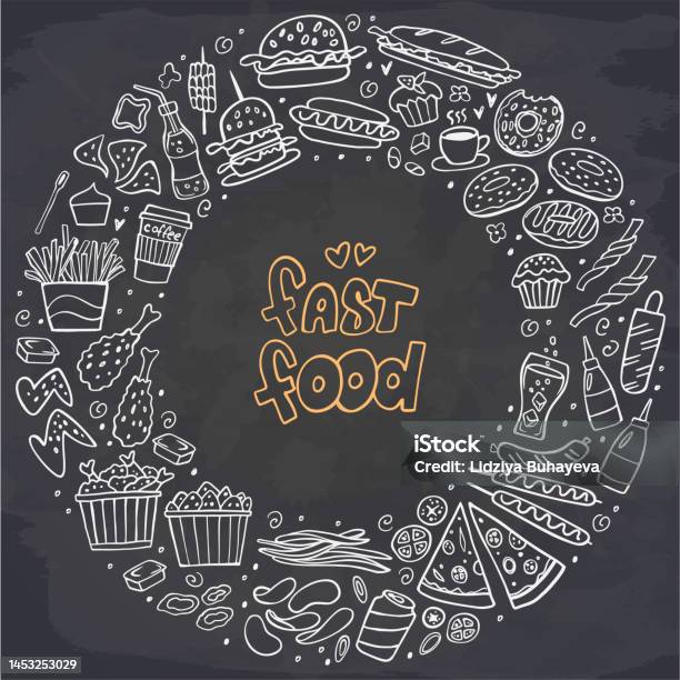 Template Set Of Fast Food Doodles On Chalkboard Stock Illustration
