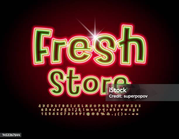 Vector Bright Banner Fresh Store Funny Neon Alphabet Letters Numbers And Symbols Set Stock