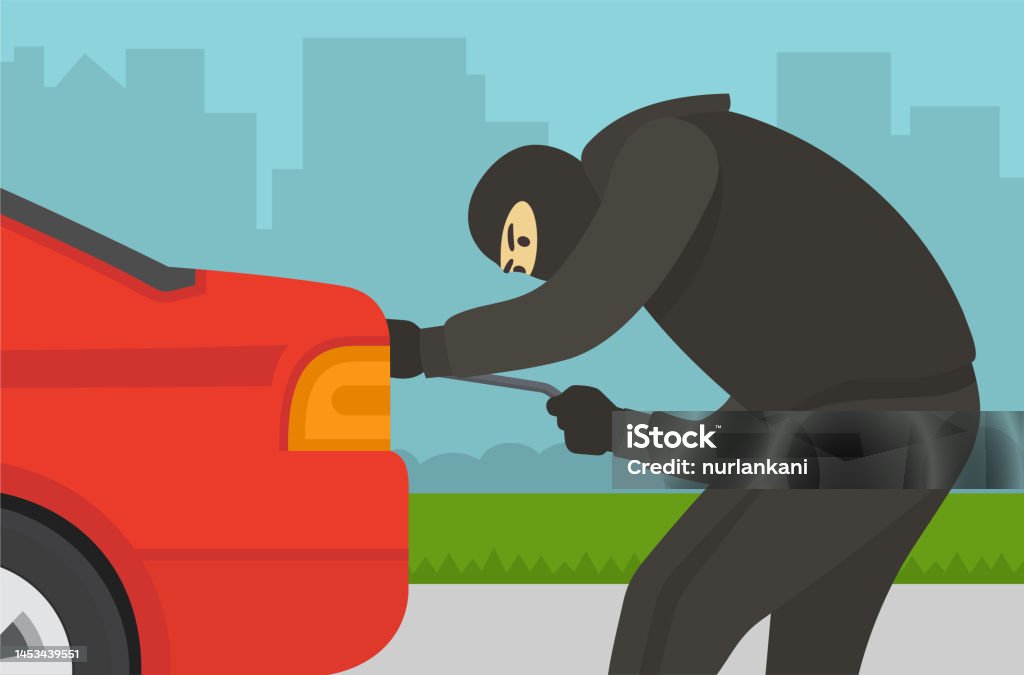 A Thief With A Robbery Mask Trying To Open The Car Trunk Stock