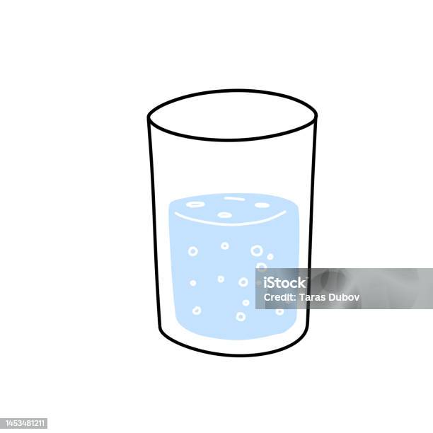 Glass Of Water Refreshing Drink Doodle Outline Cartoon Trendy Modern Illustration Blue Liquid