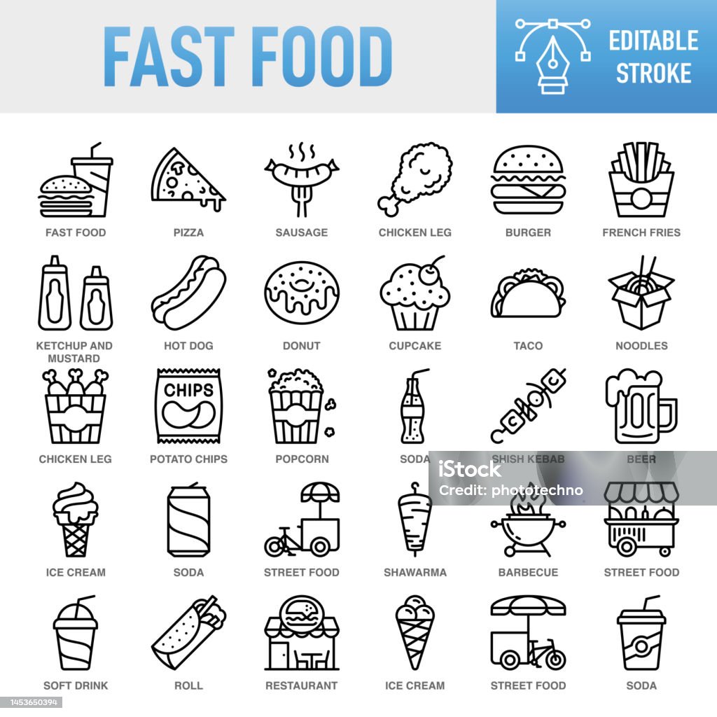 Restauration Rapide Jeu Dicônes Vectorielles De Ligne Mince Pixel