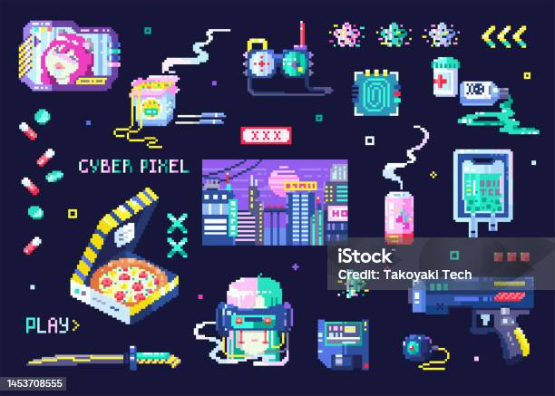 Ensemble Dicônes Cyberpunk 8bit Pixel Art Cyborg Électronique
