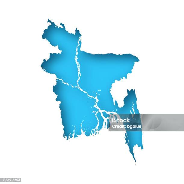 Bangladesh Map White Paper Cut Out On Blue Background Stock