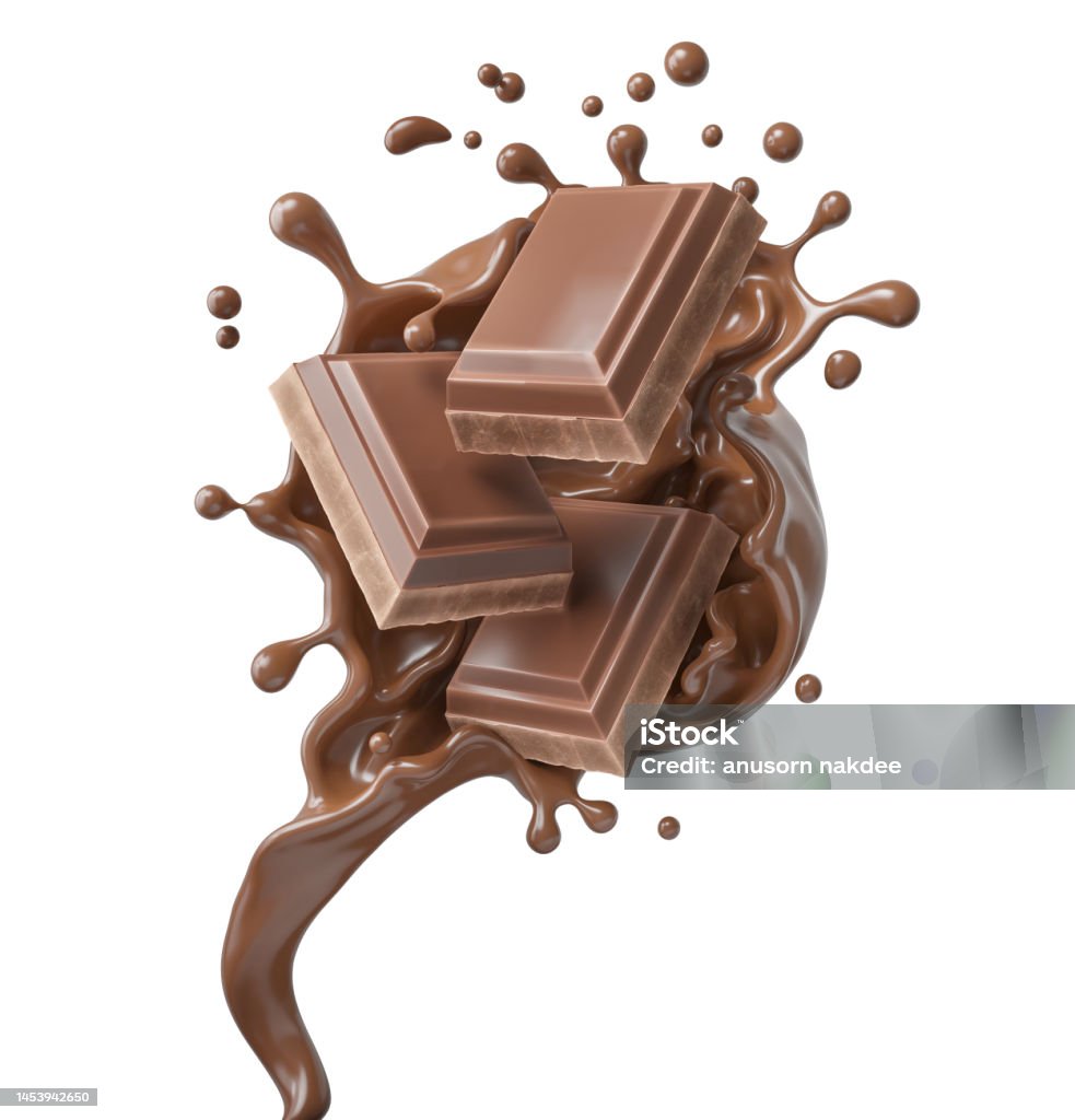 Chocolate Pieces Falling On Chocolate Sauce With Clipping Path 3d