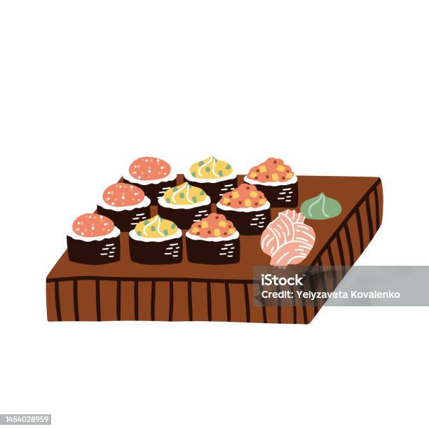 Set Sushi Di Papan Kayu Makanan Tradisional Ilustrasi Vektor Yang