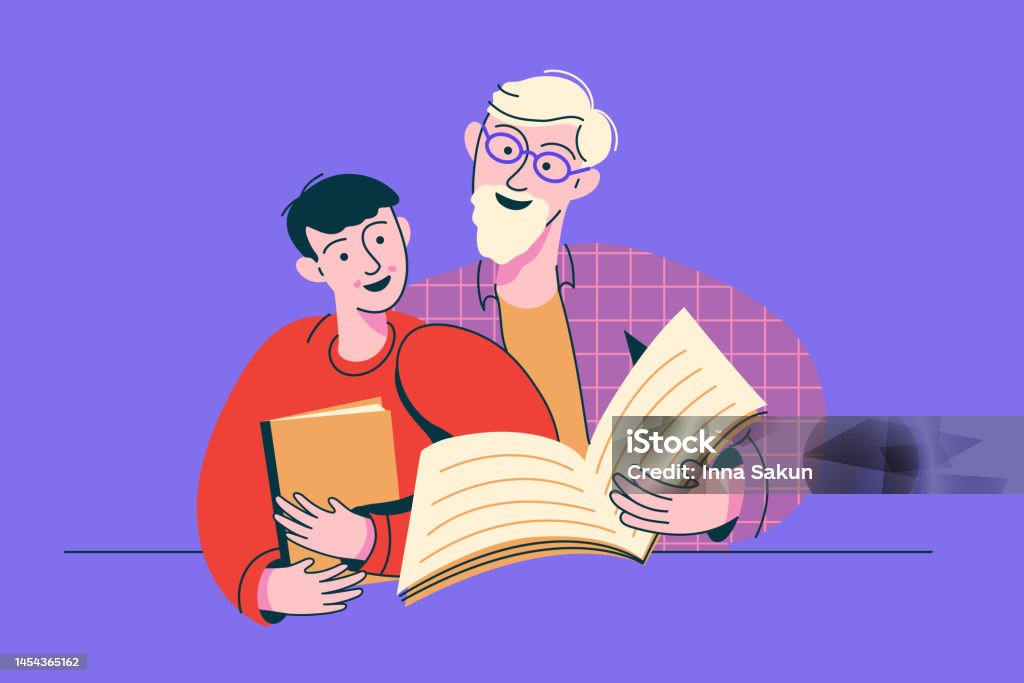Kakek Yang Bahagia Dengan Cucu Membaca Buku Bersama Pria Senior ... Kakek Yang Bahagia Dengan Cucu Membaca Buku Bersama Pria Senior ...