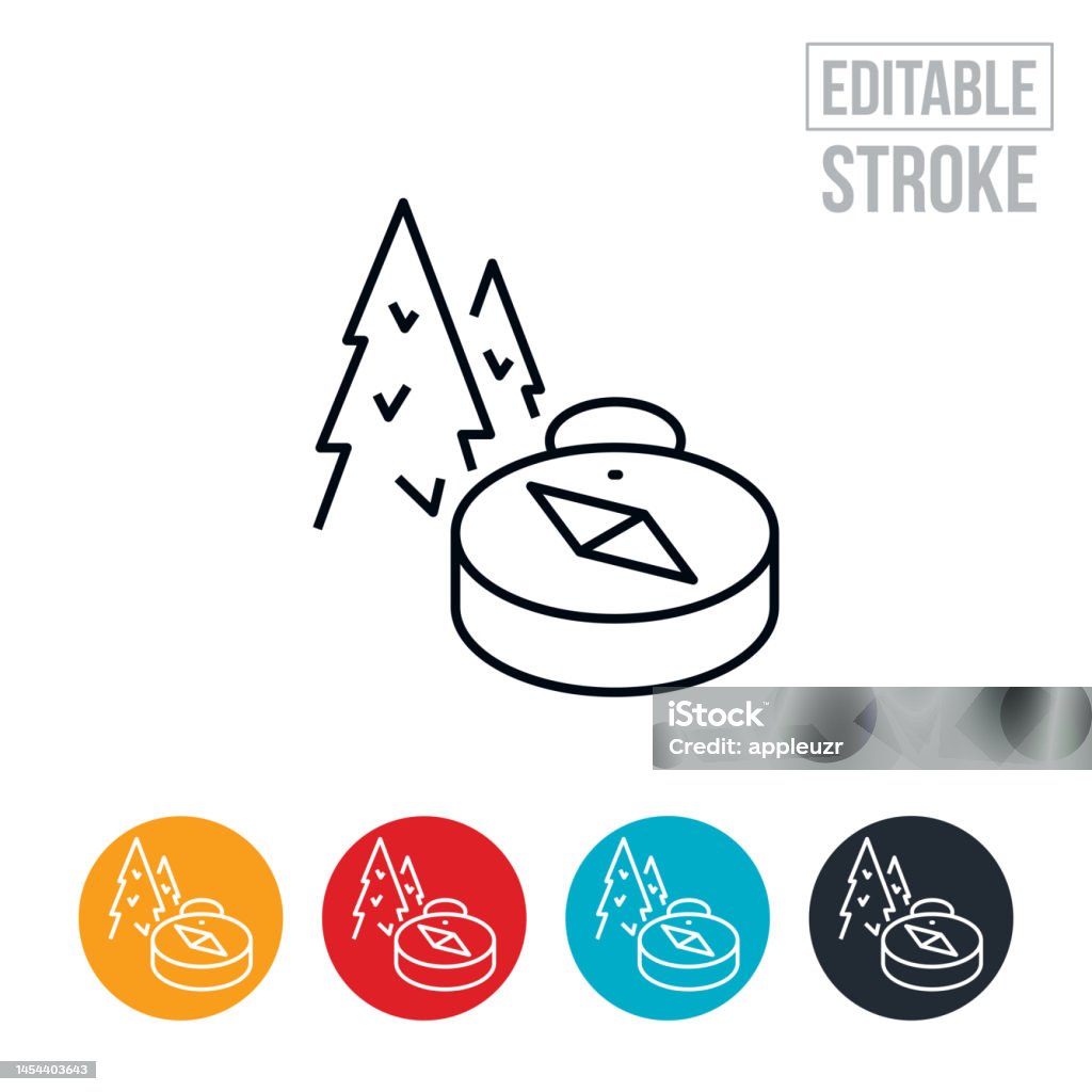 Hiking Compass And Pine Trees Thin Line Icon Editable Stroke Stock