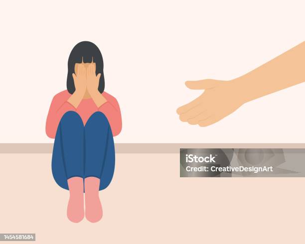 Main Humaine Aidant Une Femme Triste Et Solitaire Assise Par Terre