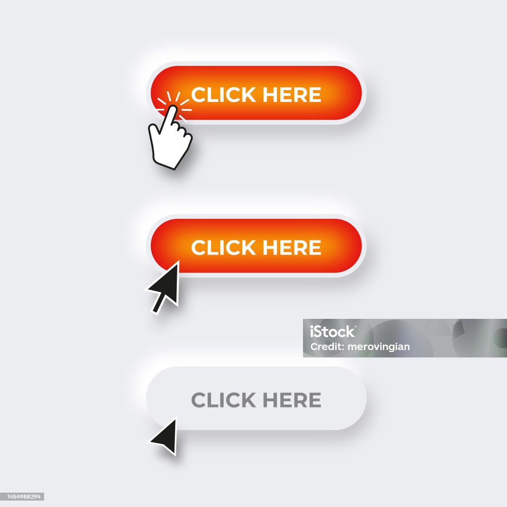 Click Here Button Set And Different Mouse Click Cursors Stock