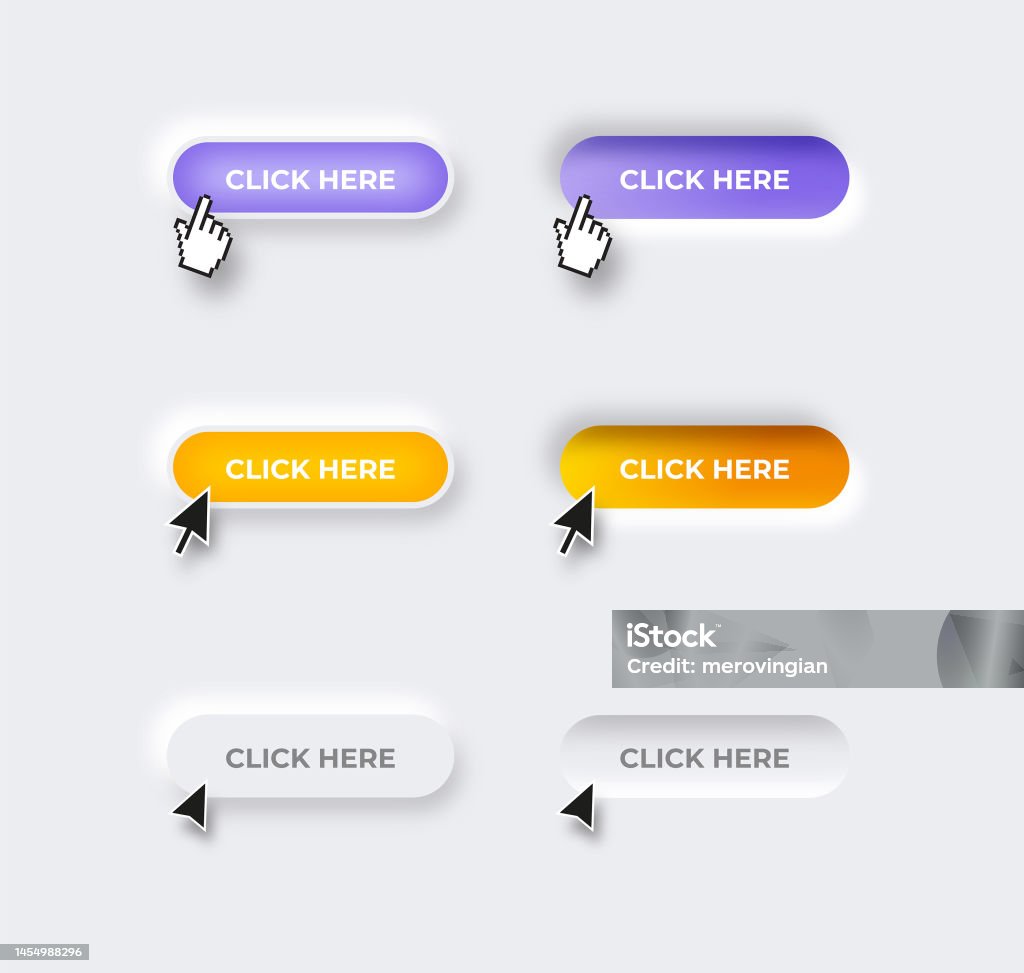Click Here Button Set And Different Mouse Click Cursors Stock