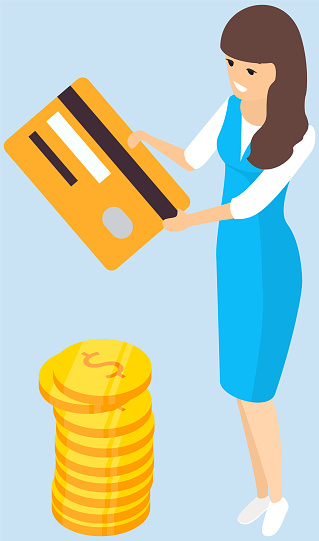 Girl Pays With Money In Bank Account Woman Using Credit Card And Gold ... Girl Pays With Money In Bank Account Woman Using Credit Card And Gold ...