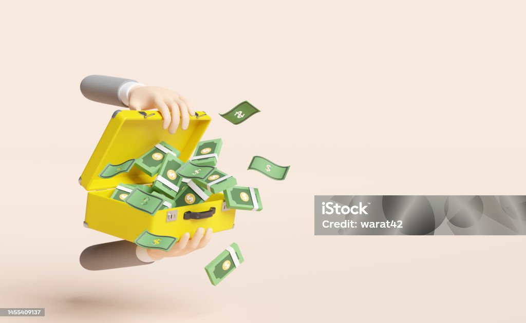Tumpukan Uang Kertas Dolar Dalam Koper Kuning Dengan Karakter Kartun ... Tumpukan Uang Kertas Dolar Dalam Koper Kuning Dengan Karakter Kartun ...
