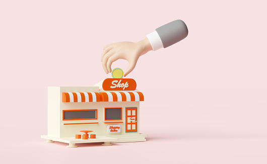 Building Shop Store Front With Businessman Hands Holding Coincoffee Table Isolated On Pink