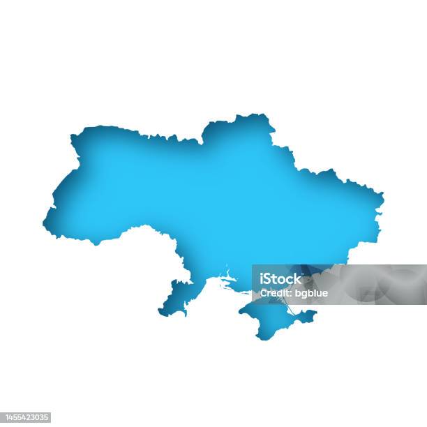 Ukraine Map White Paper Cut Out On Blue Background Stock Illustration