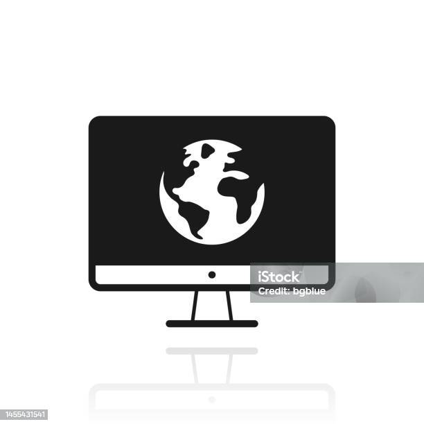 Ordinateur De Bureau Avec Terre Icône Avec Reflet Sur Fond Blanc