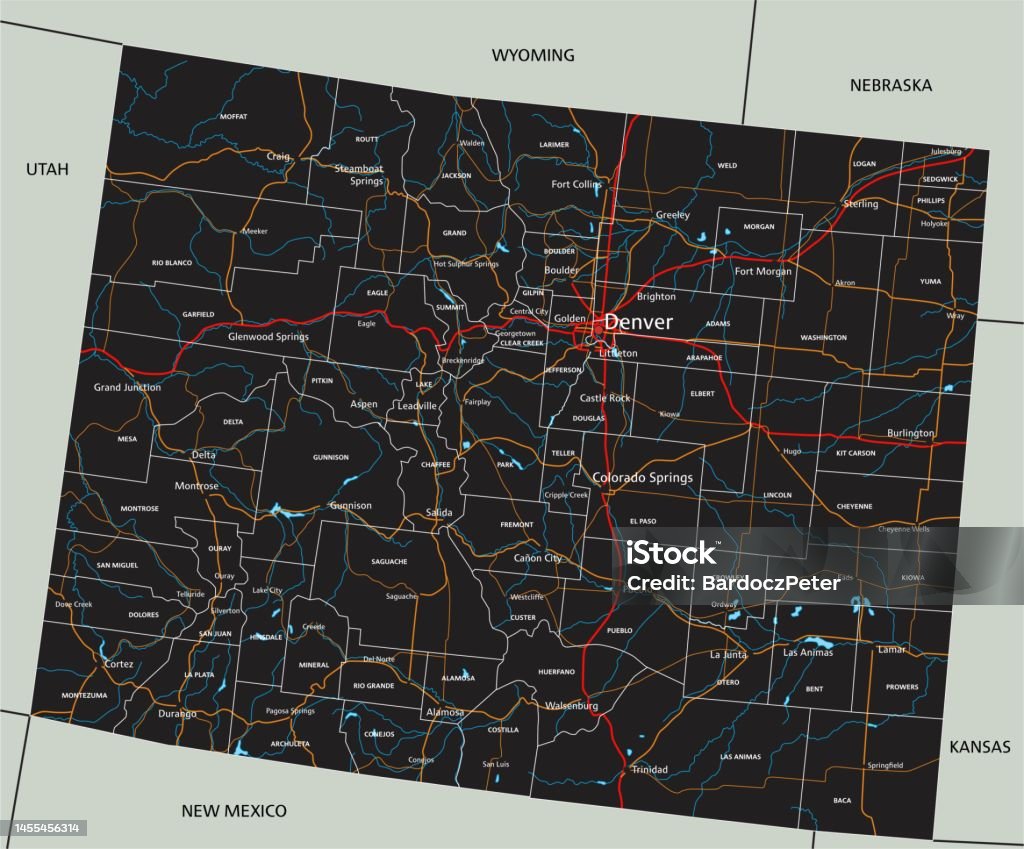 High Detailed Colorado Road Map With Labeling Vektorgrafik Och Fler Bilder På Abstrakt
