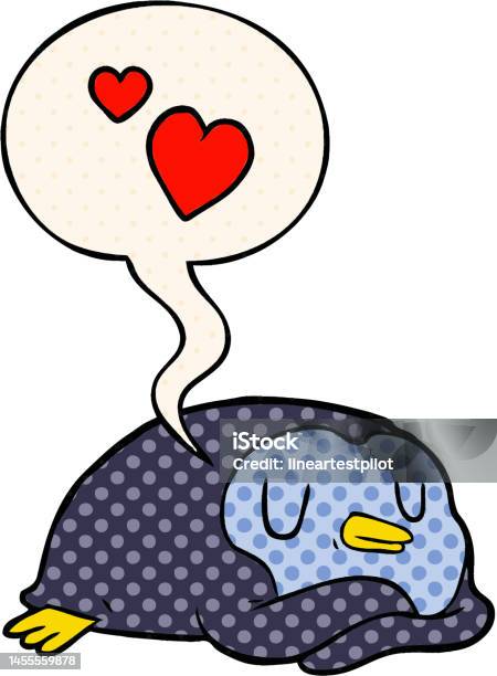 Pingouin De Dessin Animé Avec Des Cœurs Damour Avec Bulle De Parole