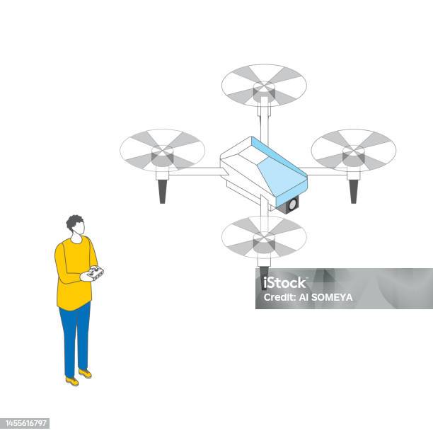 Isometricillustration Dun Homme Utilisant Un Simple Drone De Dessin Au