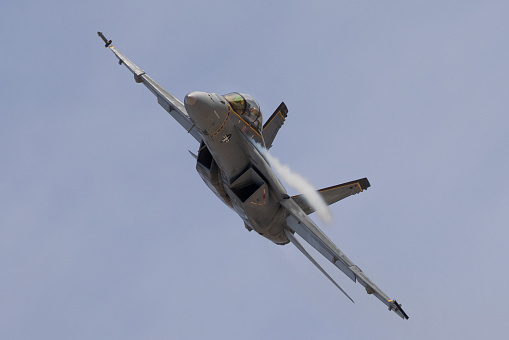 Very Close Frontal View Of A F18 Hornet In A High G Maneuver With