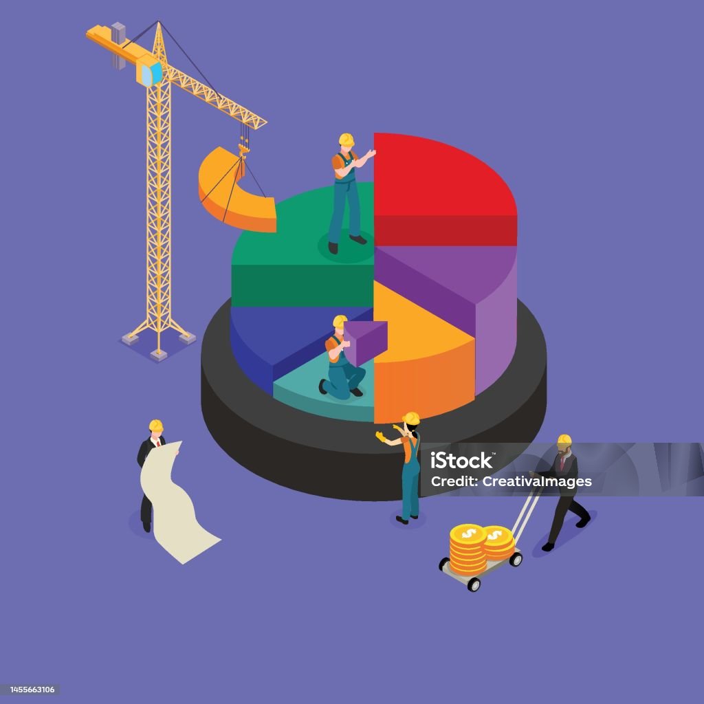 Business People Crane And Graph Building Isometric 3d Stock