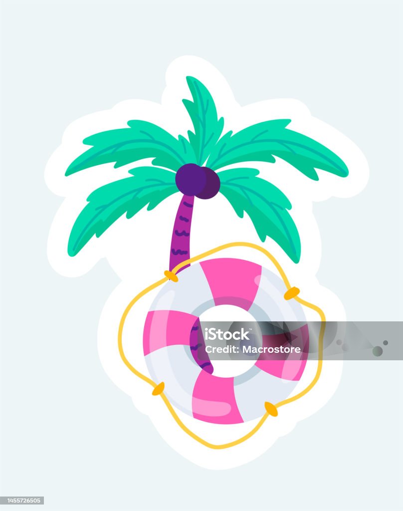 분홍색 구명 부표와 열대 야자수 여름철 휴식 만화 스티커 디자인의 벡터 그림 0명에 대한 스톡 벡터 아트 및 기타 이미지 0