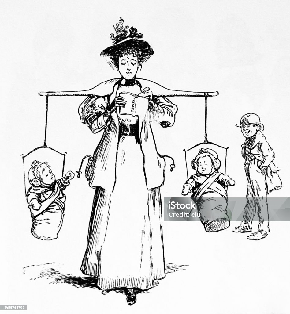 Ilustración De Madre Con Dos Hijos Colgados De Su Hombro Con Una Correa