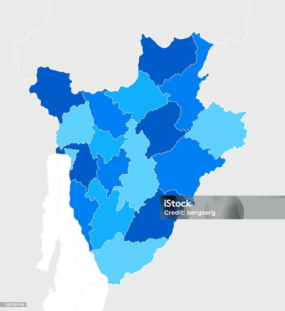 High Detailed Burundi Blue Map With Regions And National Borders Stock