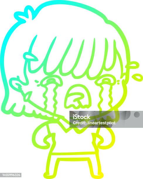 Dessin Au Trait Dégradé Froid Dune Fille De Dessin Animé Pleurant